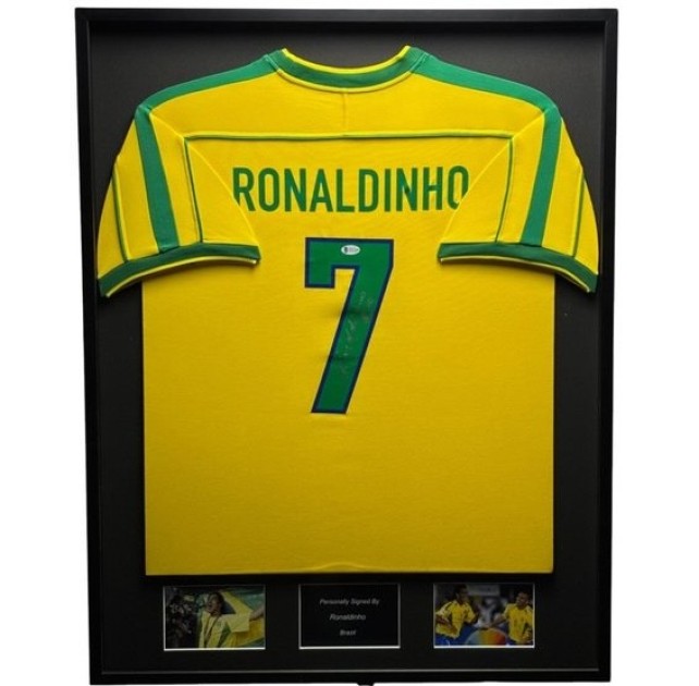 Ronaldinho's Brazil Signed Framed Home Jersey - CharityStars