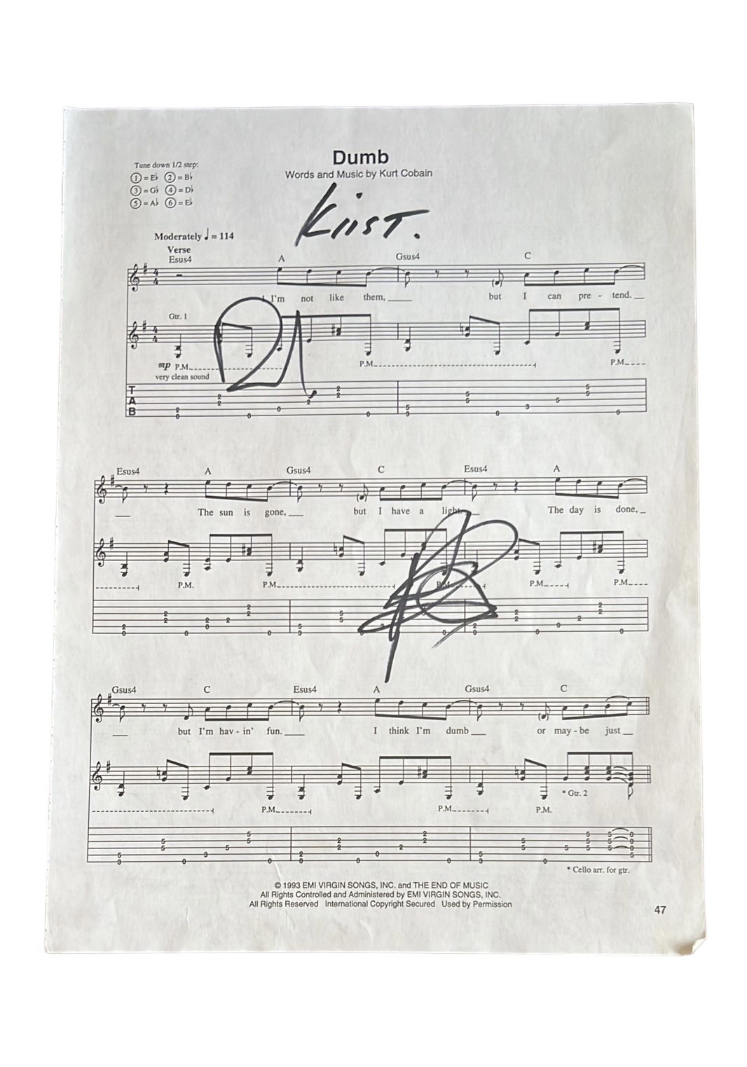 Nirvana Signed 'Dumb' Sheet Music - CharityStars