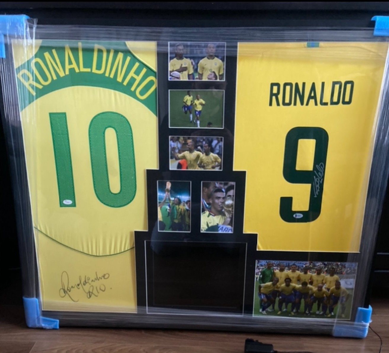 Ronaldinho And Ronaldo Signed Shirts Display - CharityStars