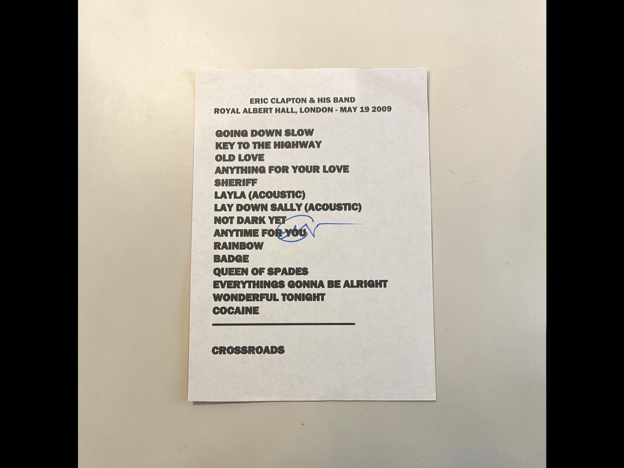 Eric Clapton Signed Set List - Barilla - A sign of love