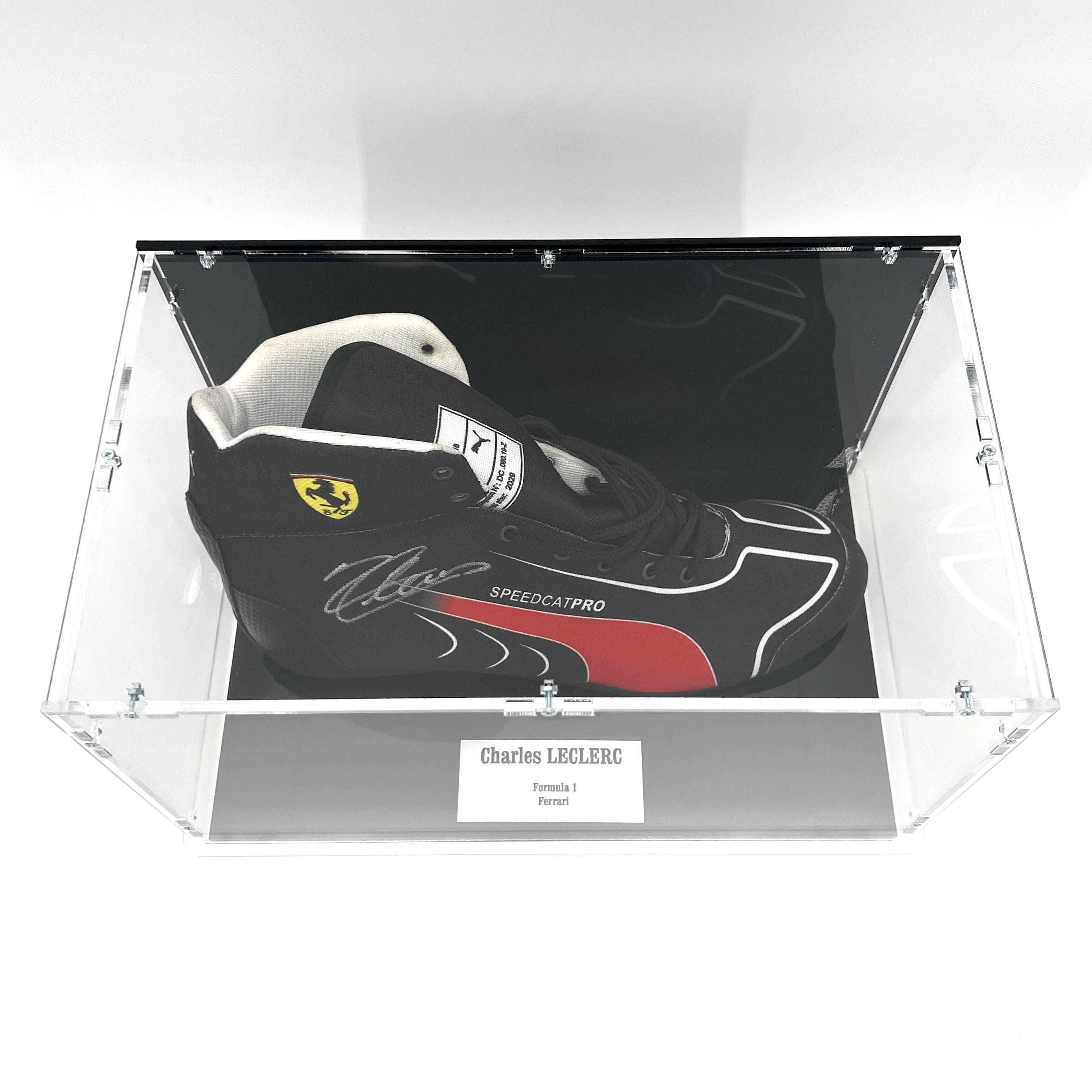 Charles Leclerc Signed Ferrari Boot in Display Case - CharityStars