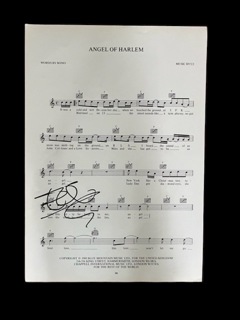 The Edge of U2 Signed 'Angel of Harlem' Sheet Music - CharityStars